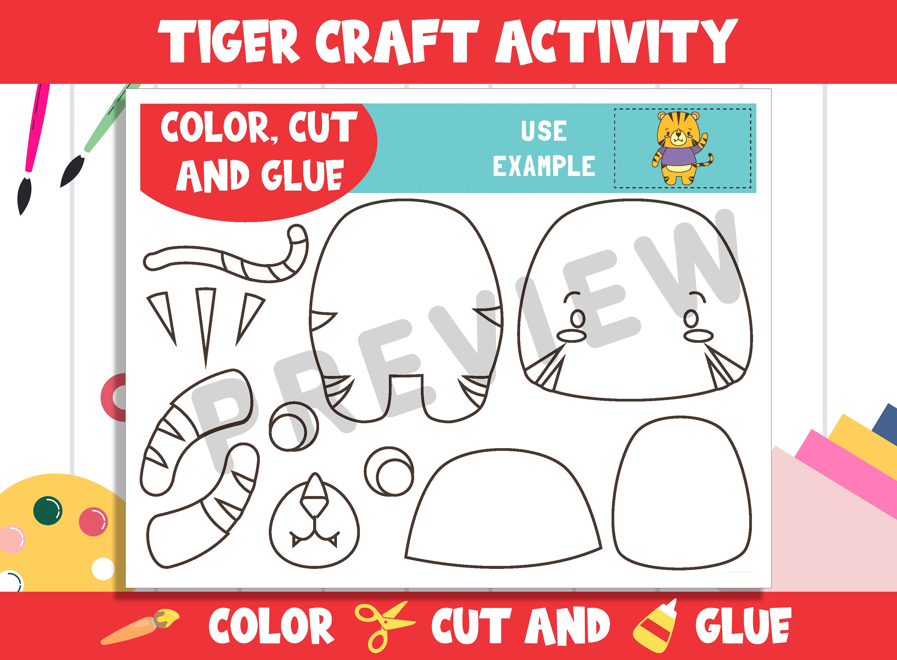 Cute Tiger Craft Activity Color, Cut, and Glue for Prek to 2nd Grade ...