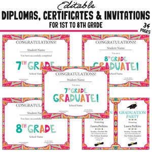 Printable 7th Grade Diplomas, Editable Certificates for 1st-8th Grades ...