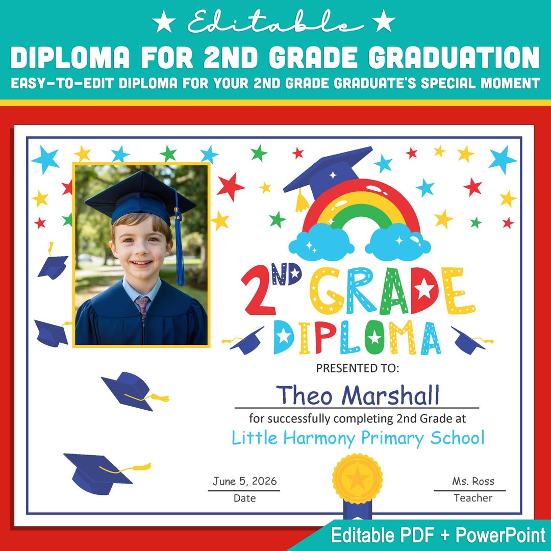 Editable Second Grade Diploma Template With Photo: Customizable 8.5x11 ...