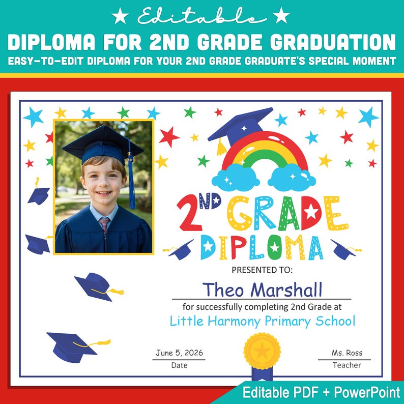 Editable Second Grade Diploma Template With Photo: Customizable 8.5x11 ...