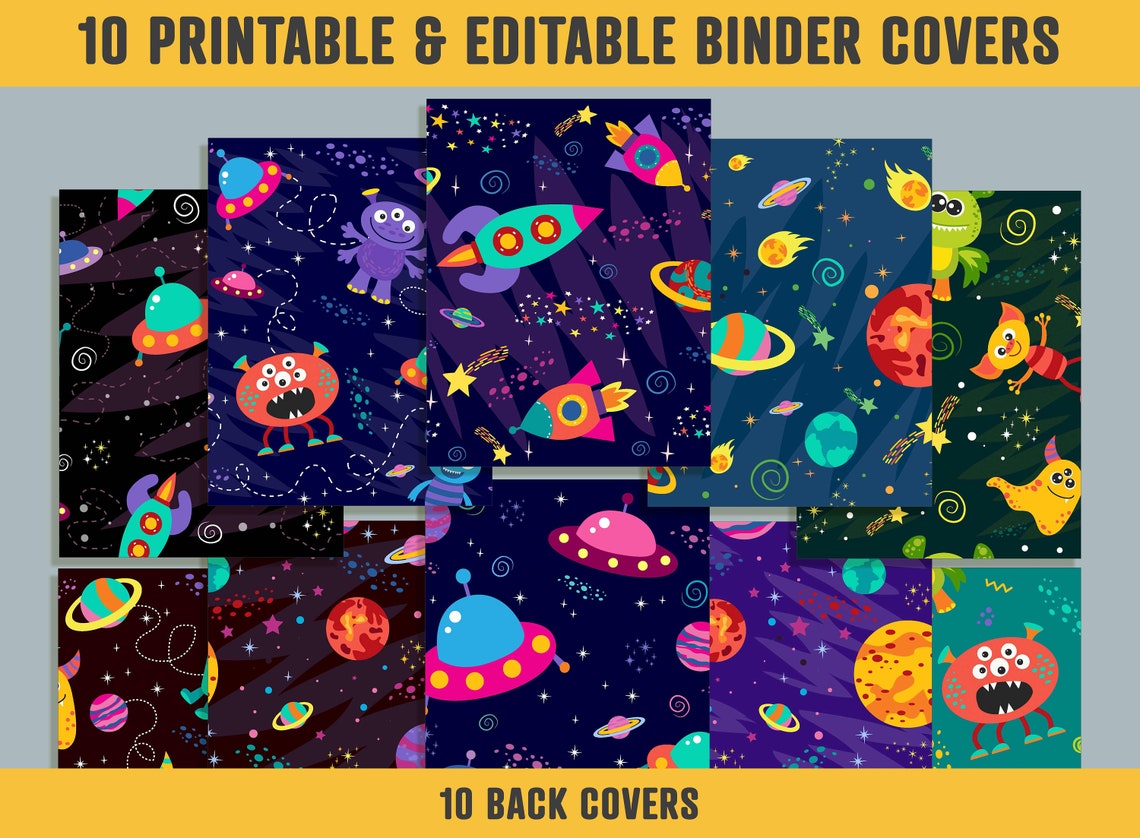 Space, Planets, Rockets, Aliens Binder Cover, 10 Printable & Editable ...
