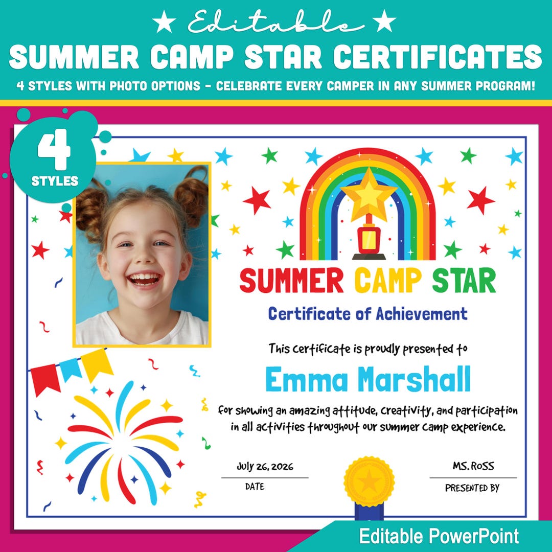 Editable Summer Camp Star Certificates – 4 Styles With Photo Option ...