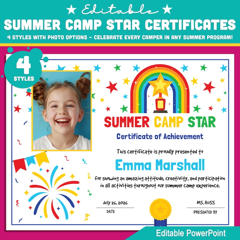 Editable Summer Camp Star Certificates – 4 Styles With Photo Option ...