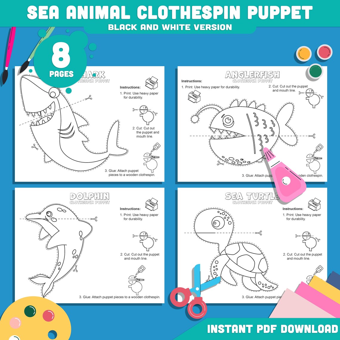 Sea Animal Clothespin Puppet Craft: 8-page Printable Set With 4 Unique ...
