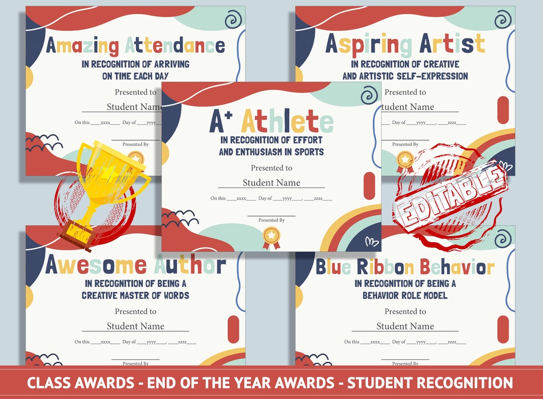 Editable Classroom Certificates End of the Year Awards Student ...