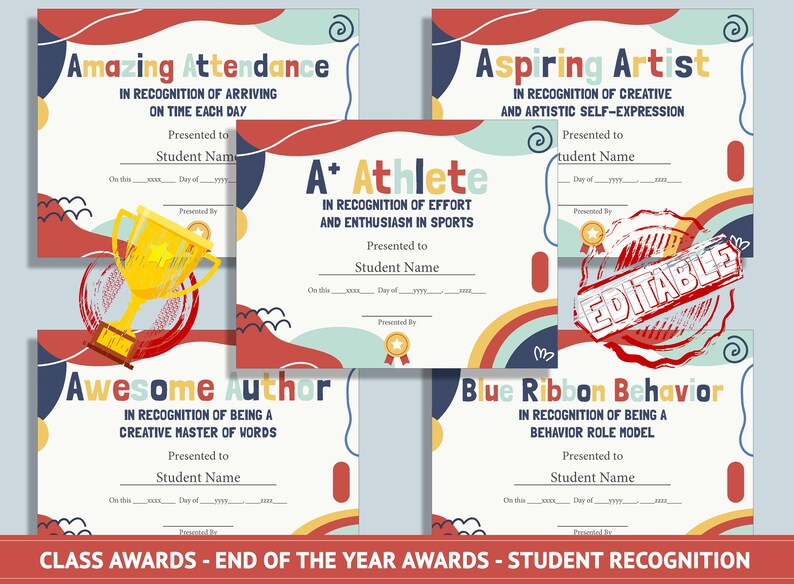 Editable Classroom Certificates End of the Year Awards Student ...