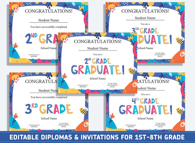 Editable First Grade Certificate, 1st to 8th Grade Diploma, Certificate ...