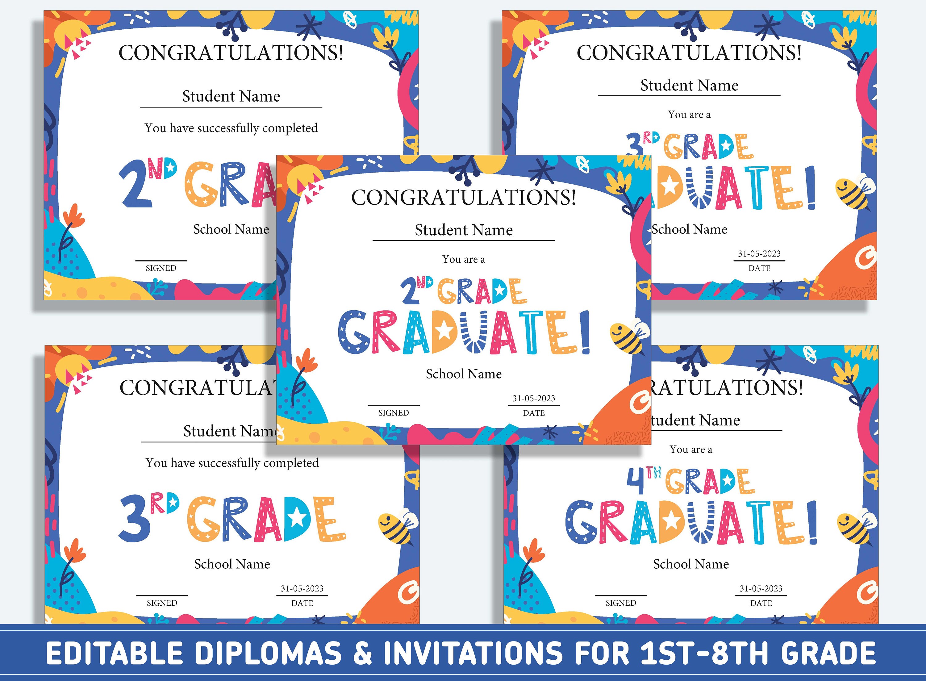 Editable First Grade Certificate, 1st to 8th Grade Diploma, Certificate ...