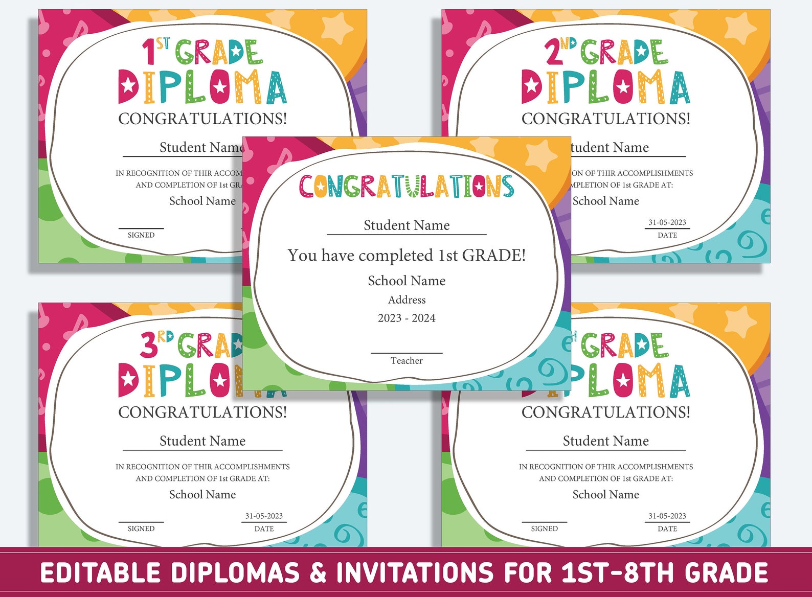 Editable First Grade Award Certificates, 1st to 8th Grade Diploma ...