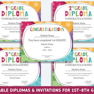 Editable First Grade Award Certificates, 1st to 8th Grade Diploma ...
