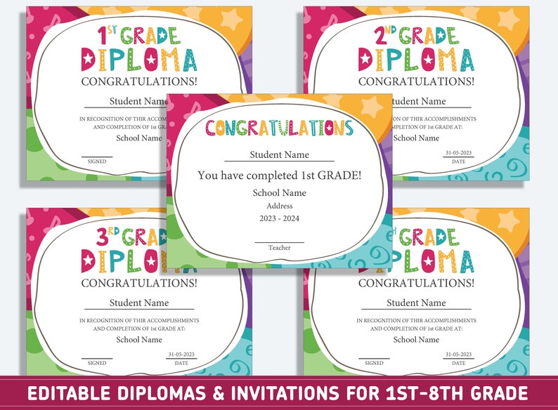 Editable First Grade Award Certificates, 1st to 8th Grade Diploma ...