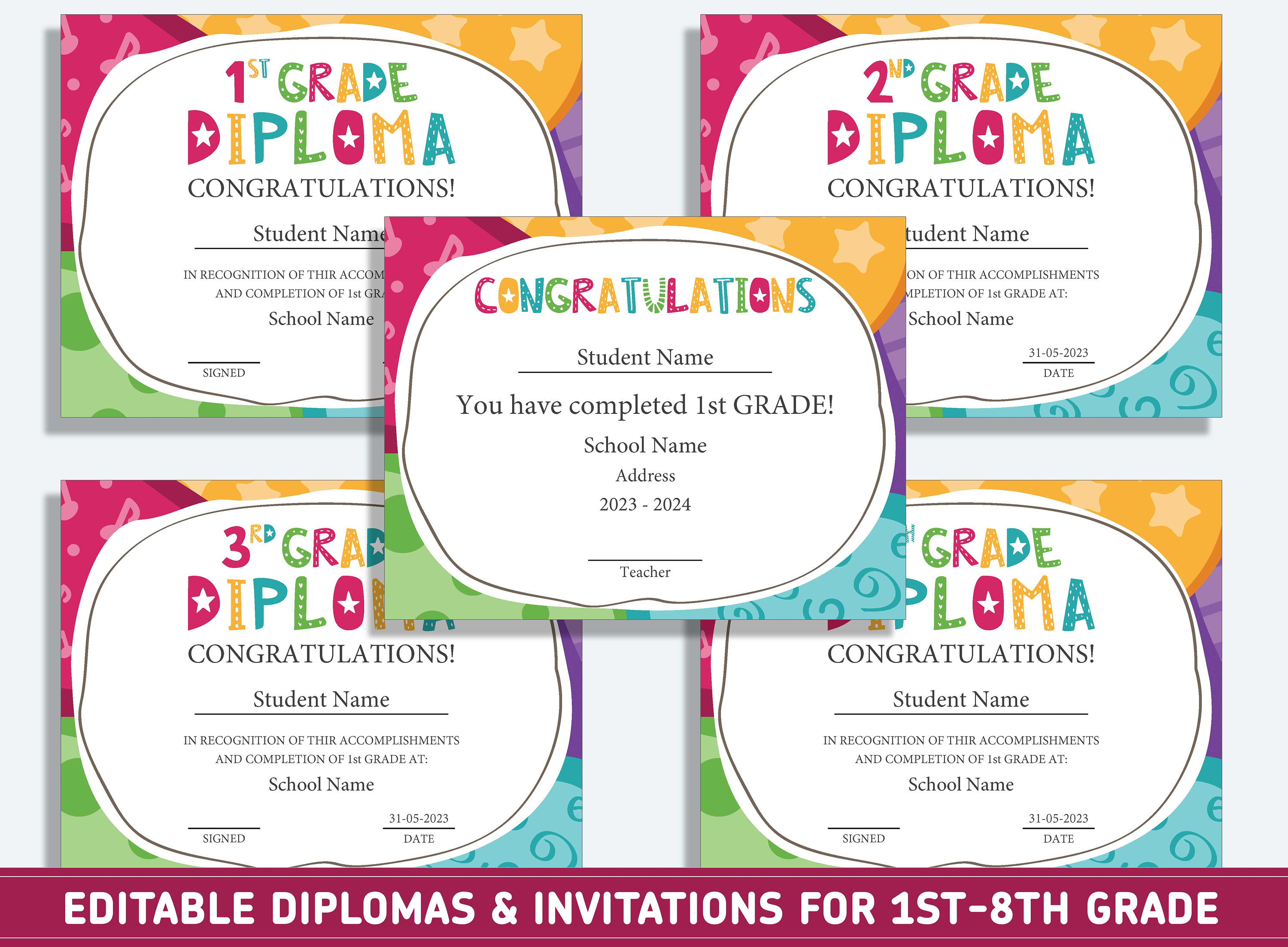 Editable First Grade Award Certificates, 1st to 8th Grade Diploma ...