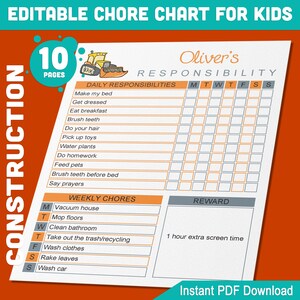 Editable Construction Vehicles Chore Chart for Kids, Responsibility ...