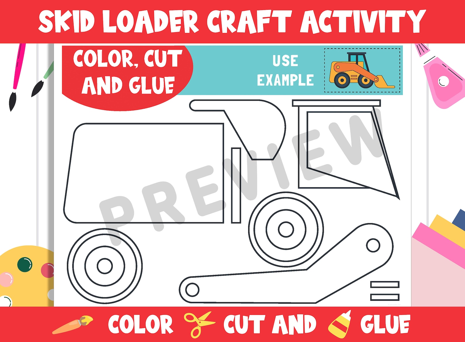 Skid Loader Craft Activity Color Cut and Glue for Prek to - Etsy
