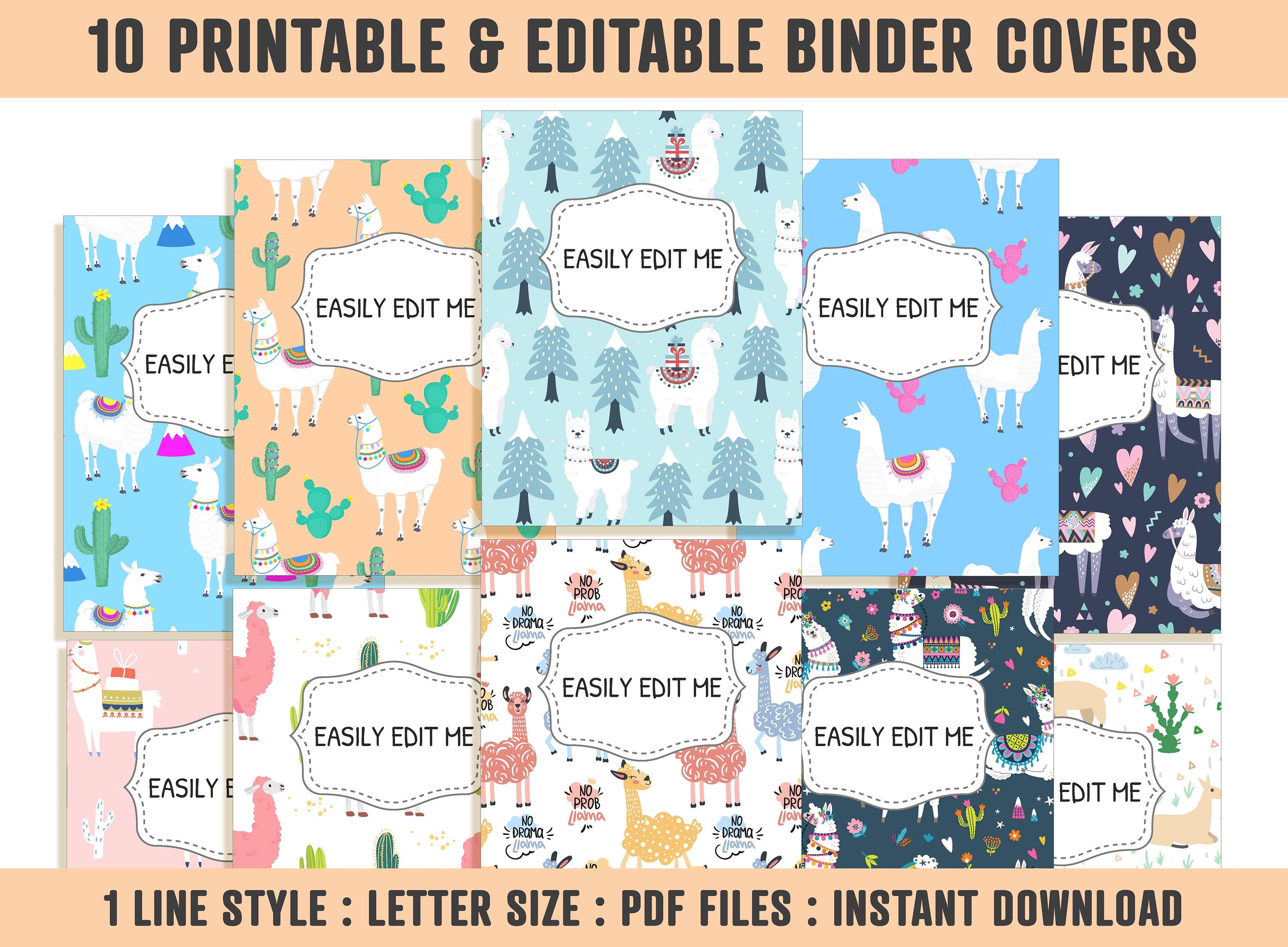 Llama Binder Cover, 10 Printable & Editable Coversspines, Binder Insert ...
