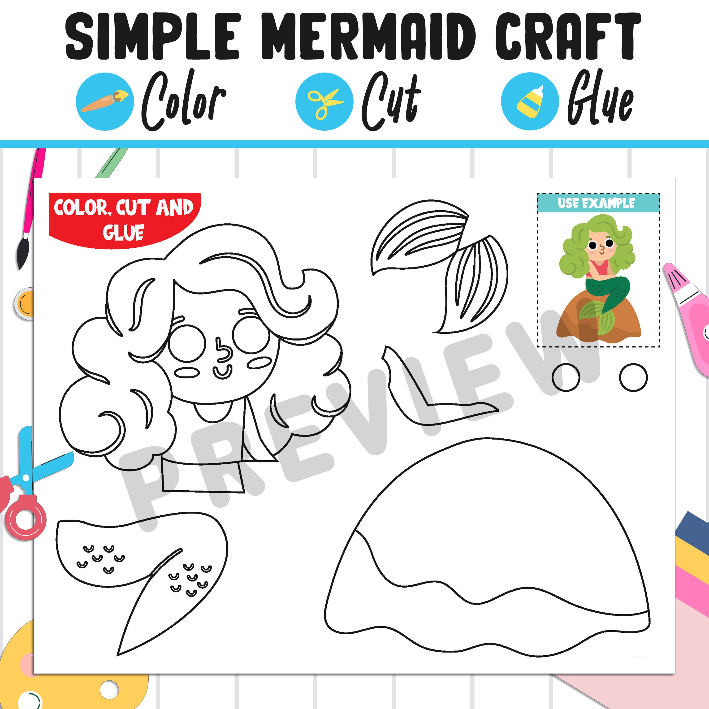 Simple Mermaid Craft for Kids: Color, Cut, and Glue, a Fun Activity for ...
