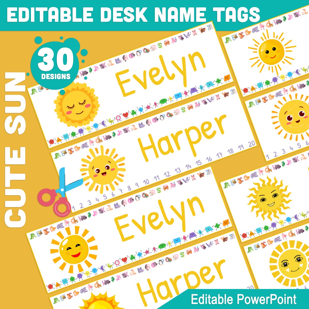 Editable Desk Name Tags for Students: Funny Cute Sun, 30 Designs, 8.5 ...