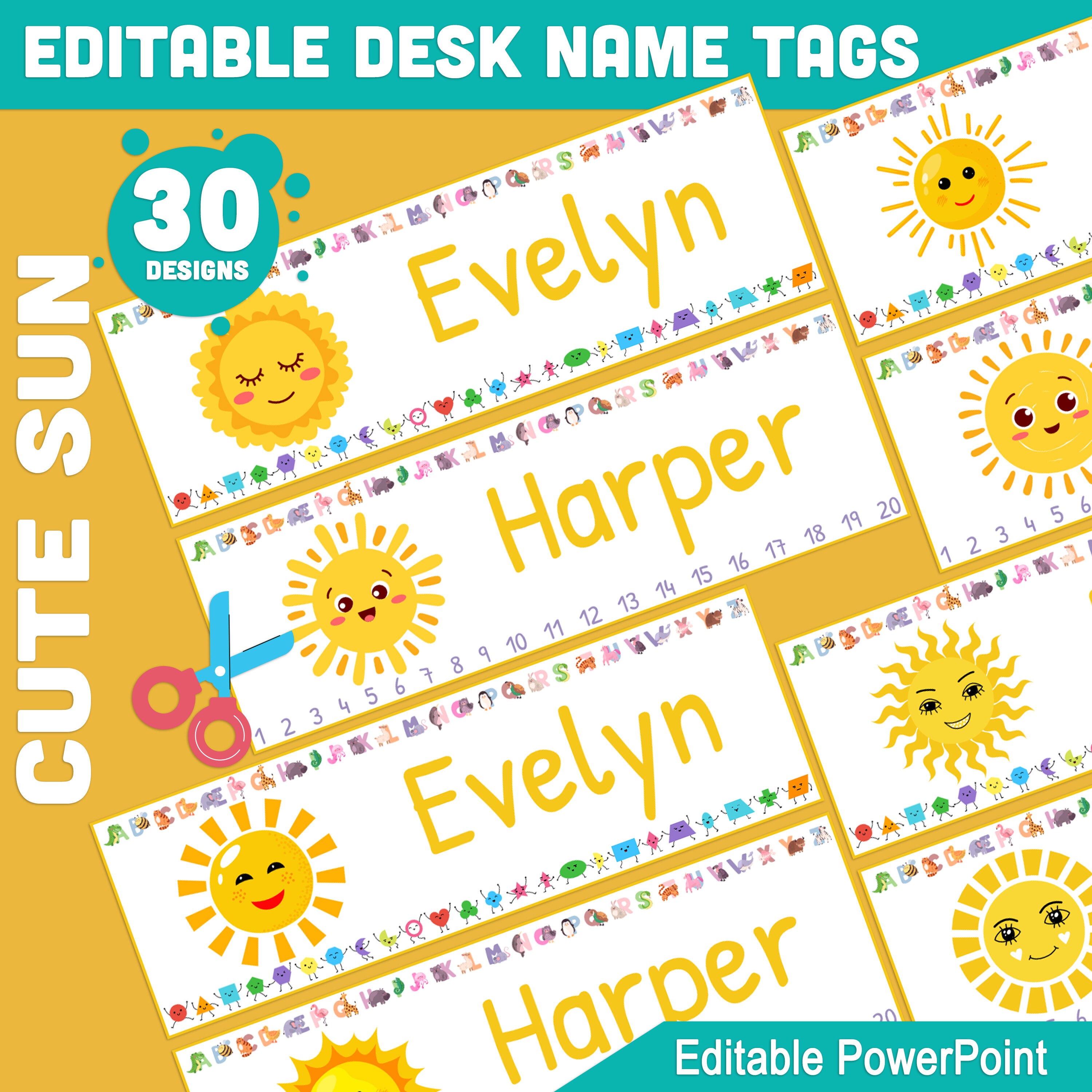 Editable Desk Name Tags for Students: Funny Cute Sun, 30 Designs, 8.5 ...
