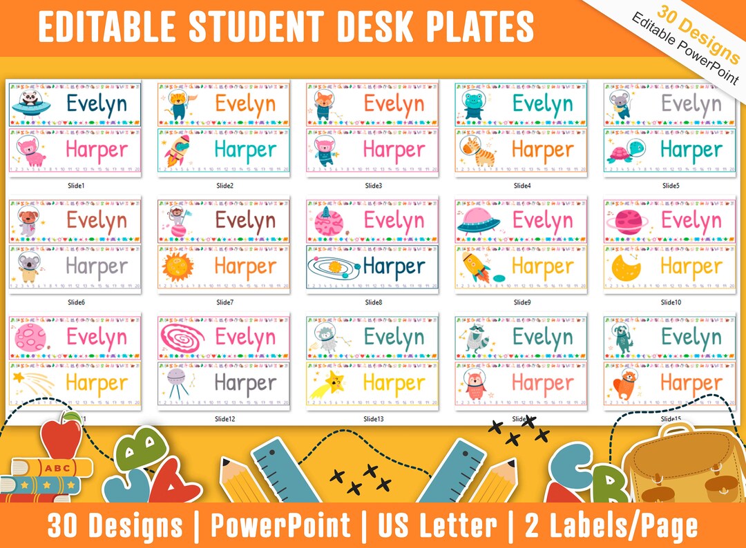 Student Desk Plates, 30 Printable/editable Space Animals Classroom Name ...