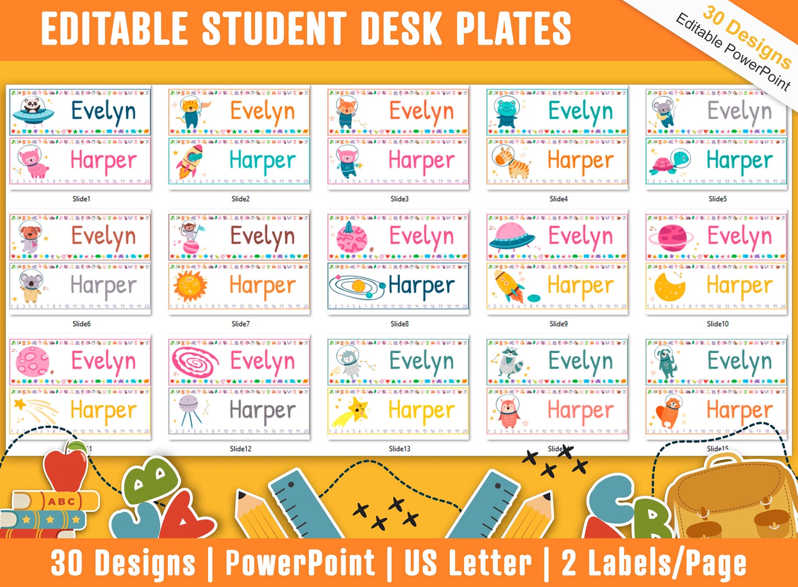 Student Desk Plates, 30 Printable/editable Space Animals Classroom Name ...
