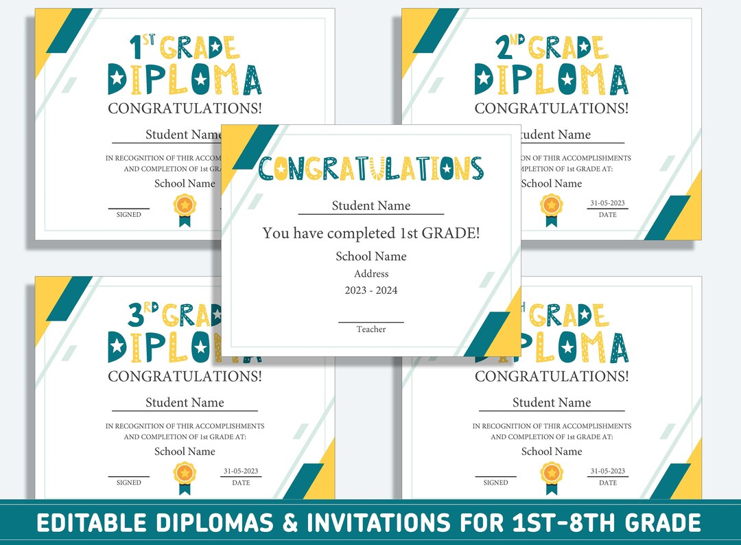 Editable 3rd Grade Graduation, 1st to 8th Grade Diploma, Certificate of ...