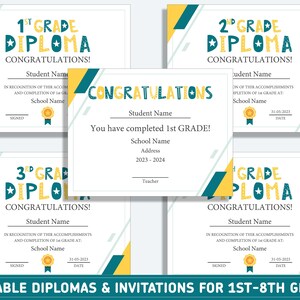 Editable 3rd Grade Graduation, 1st to 8th Grade Diploma, Certificate of ...