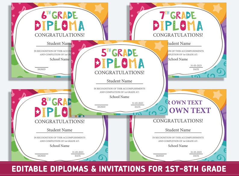 Editable First Grade Award Certificates, 1st to 8th Grade Diploma ...
