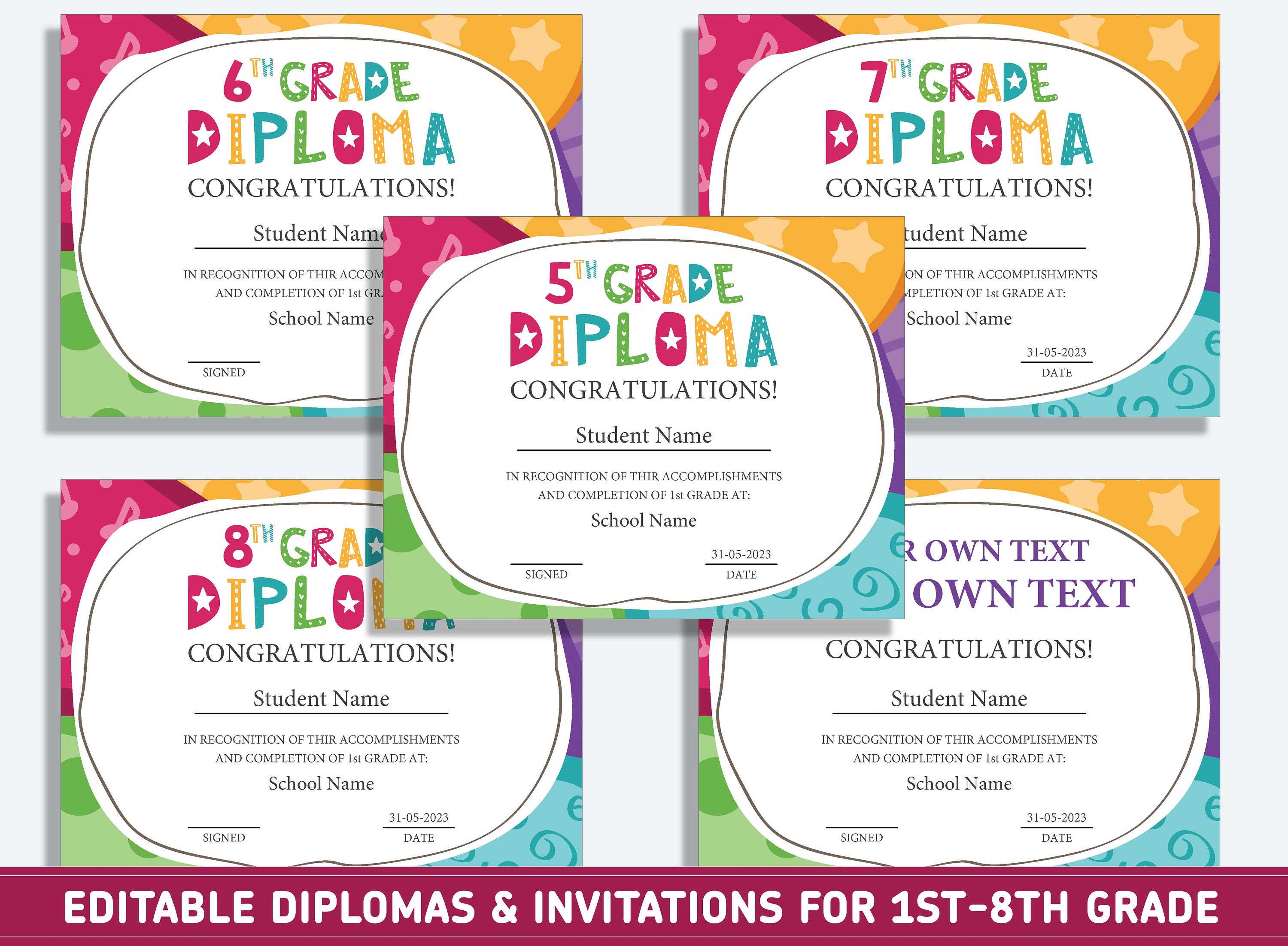 Editable First Grade Award Certificates, 1st to 8th Grade Diploma ...