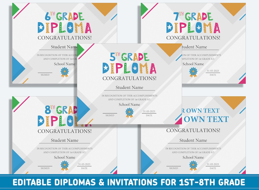 Editable 8th Grade Graduation, 1st to 8th Grade Diploma, Certificate of ...