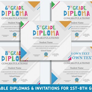 Editable 8th Grade Graduation, 1st to 8th Grade Diploma, Certificate of ...