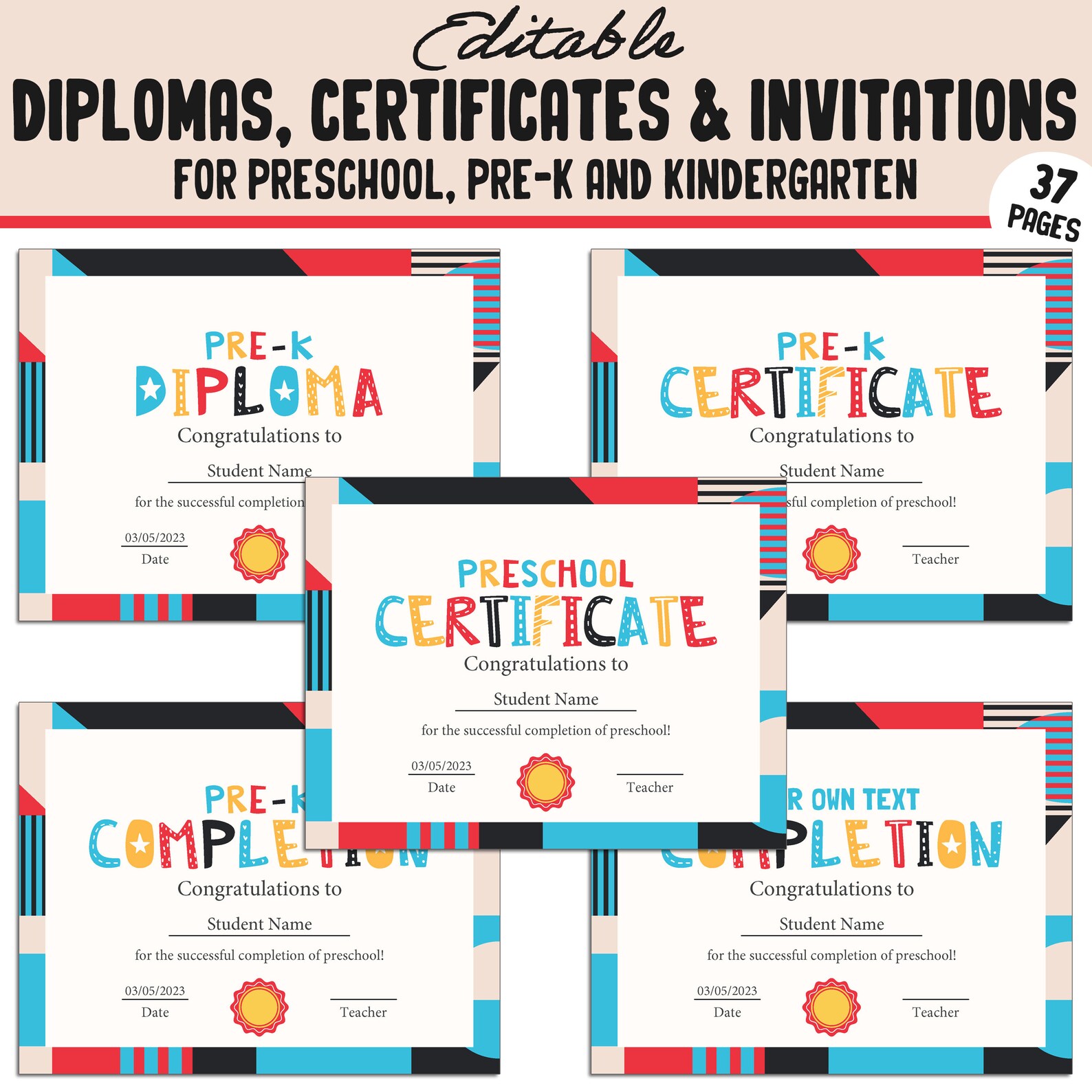 Editable End of the Year Certificates, Diplomas & Invitations for ...