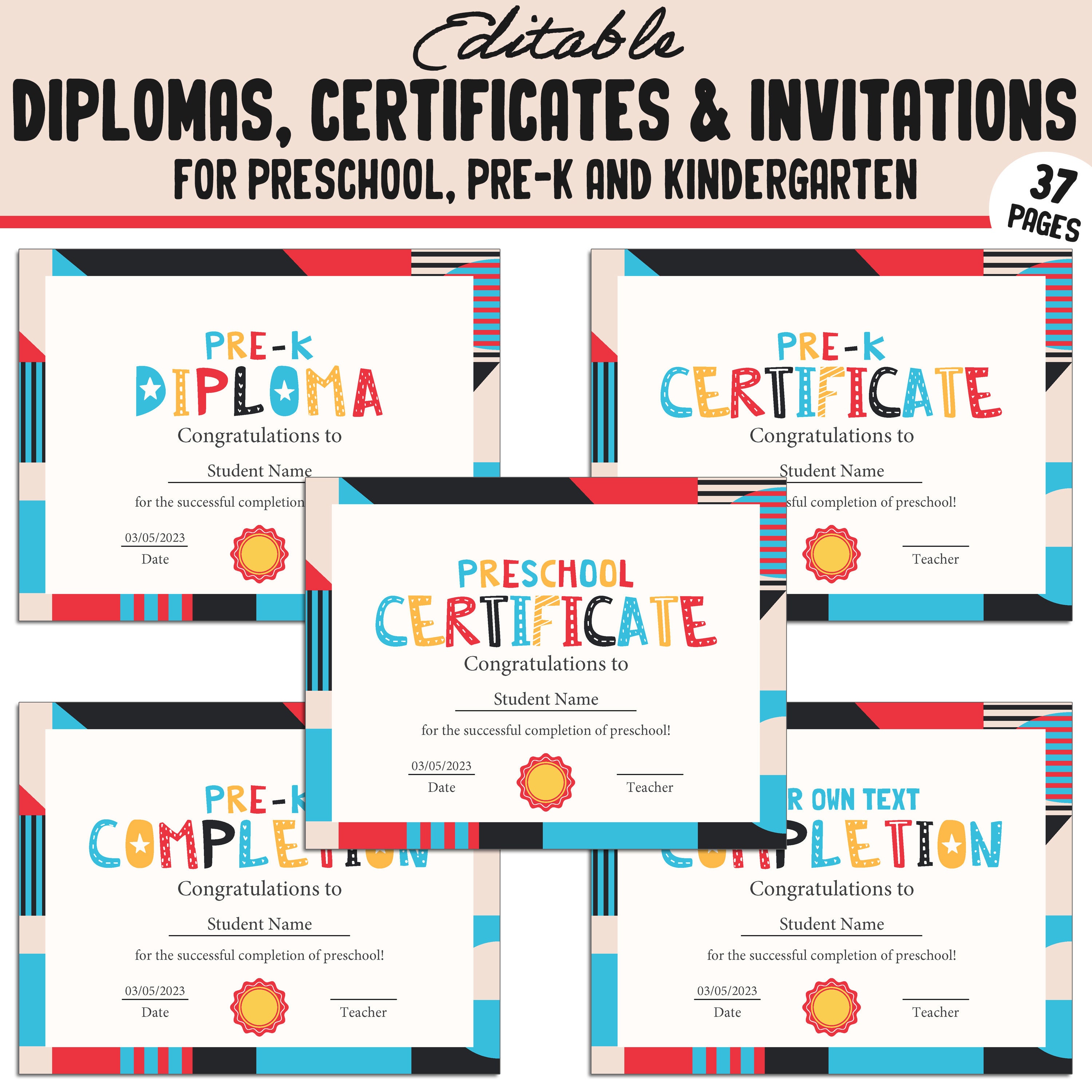 Editable End of the Year Certificates, Diplomas & Invitations for ...