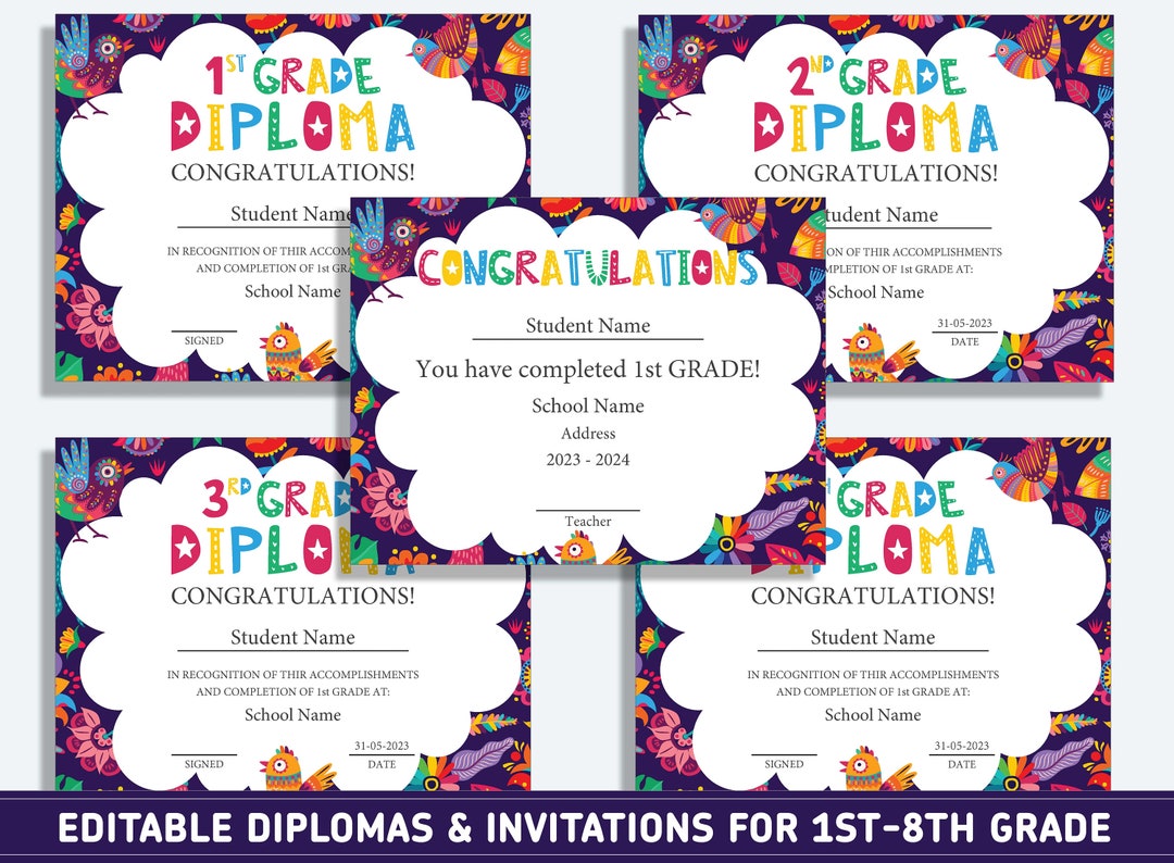 Editable 4th Grade Certificate, 1st to 8th Grade Diploma, Certificate ...