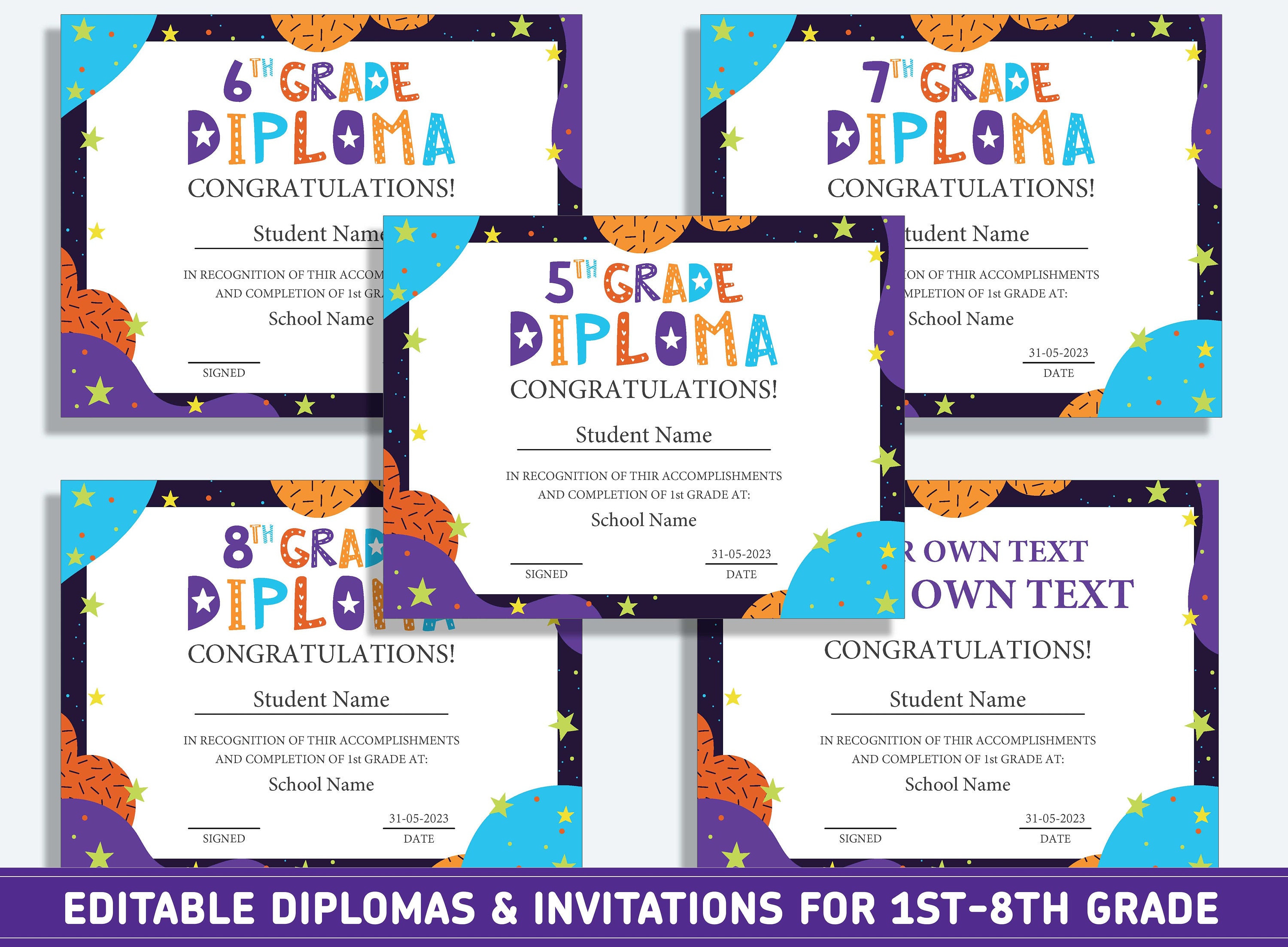 Editable Second Grade Certificate, 1st to 8th Grade Diploma ...