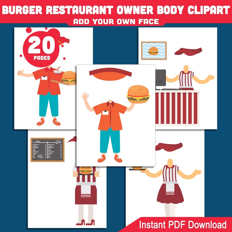 Burger Restaurant Owner Body Clipart Templates: Fun Printable Cutouts ...