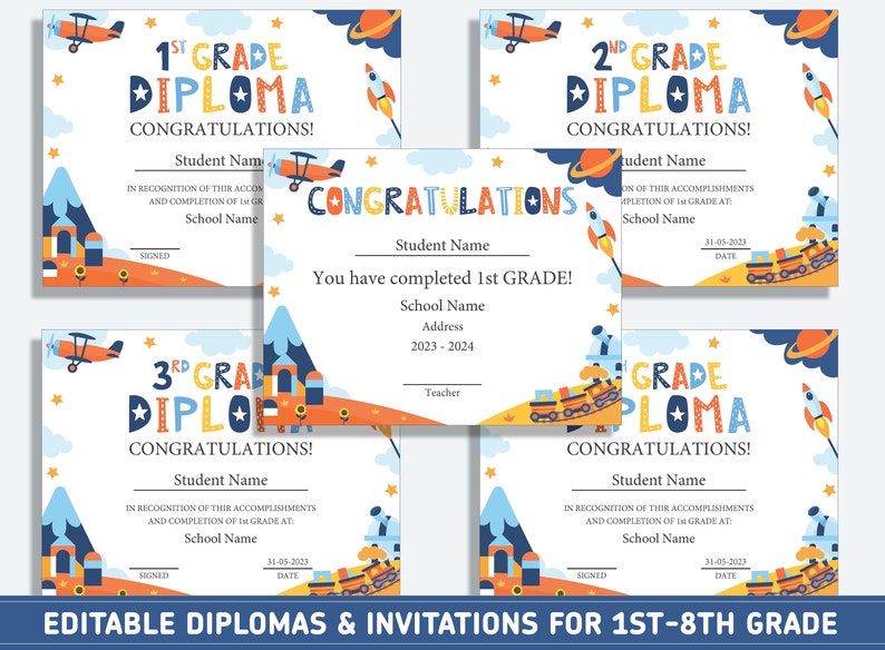 Editable 1st Grade Awards, 1st to 8th Grade Diploma, Certificate of ...