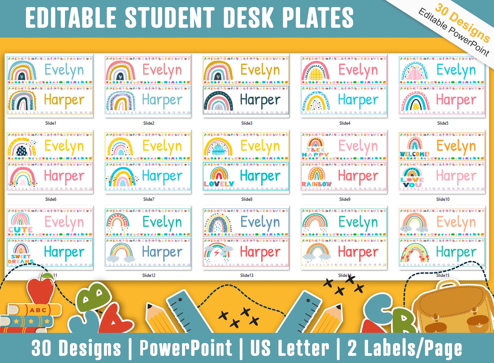 Student Desk Plates, 30 Printable/editable Cute Rainbow Classroom Name ...