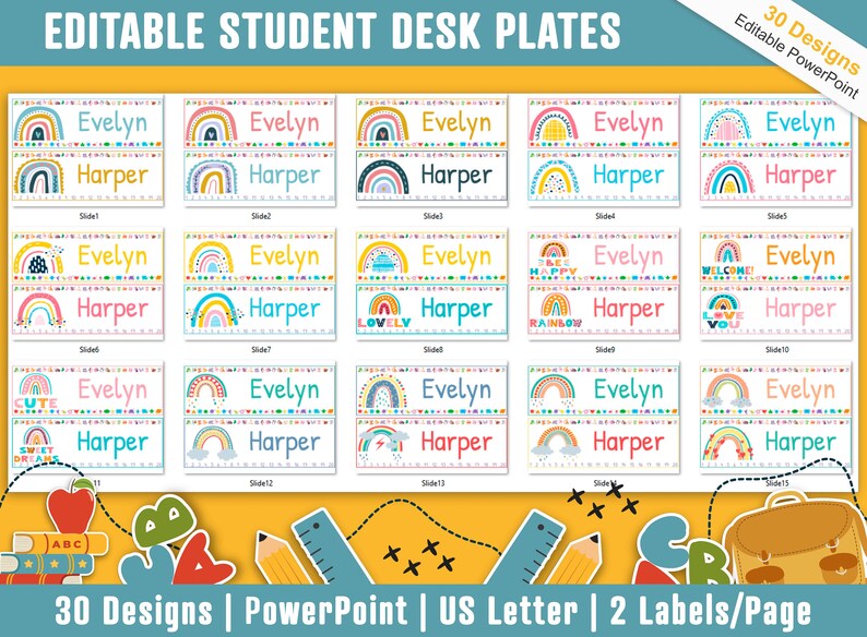 Student Desk Plates, 30 Printable/editable Cute Rainbow Classroom Name ...