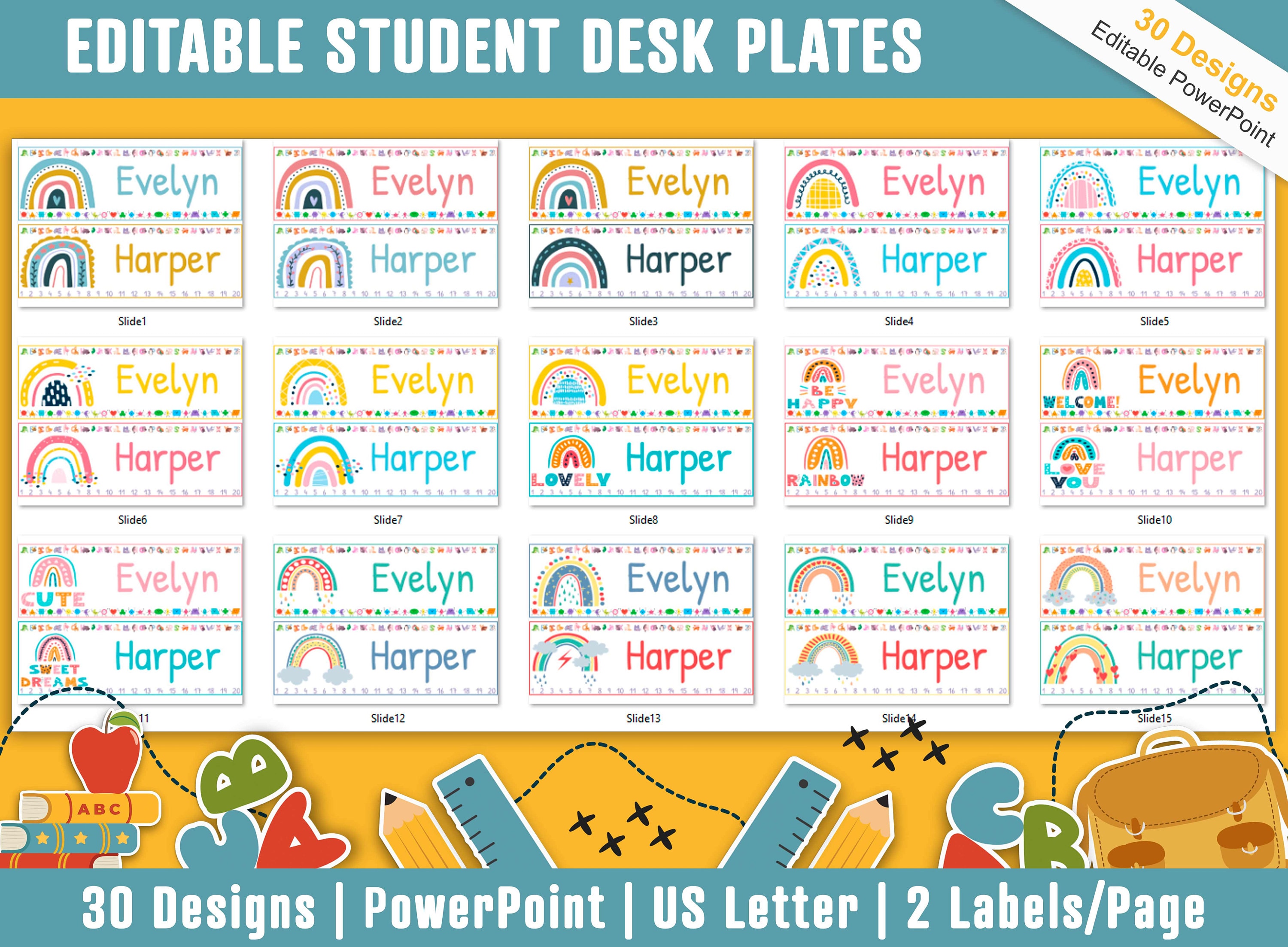 Student Desk Plates, 30 Printable/editable Cute Rainbow Classroom Name ...