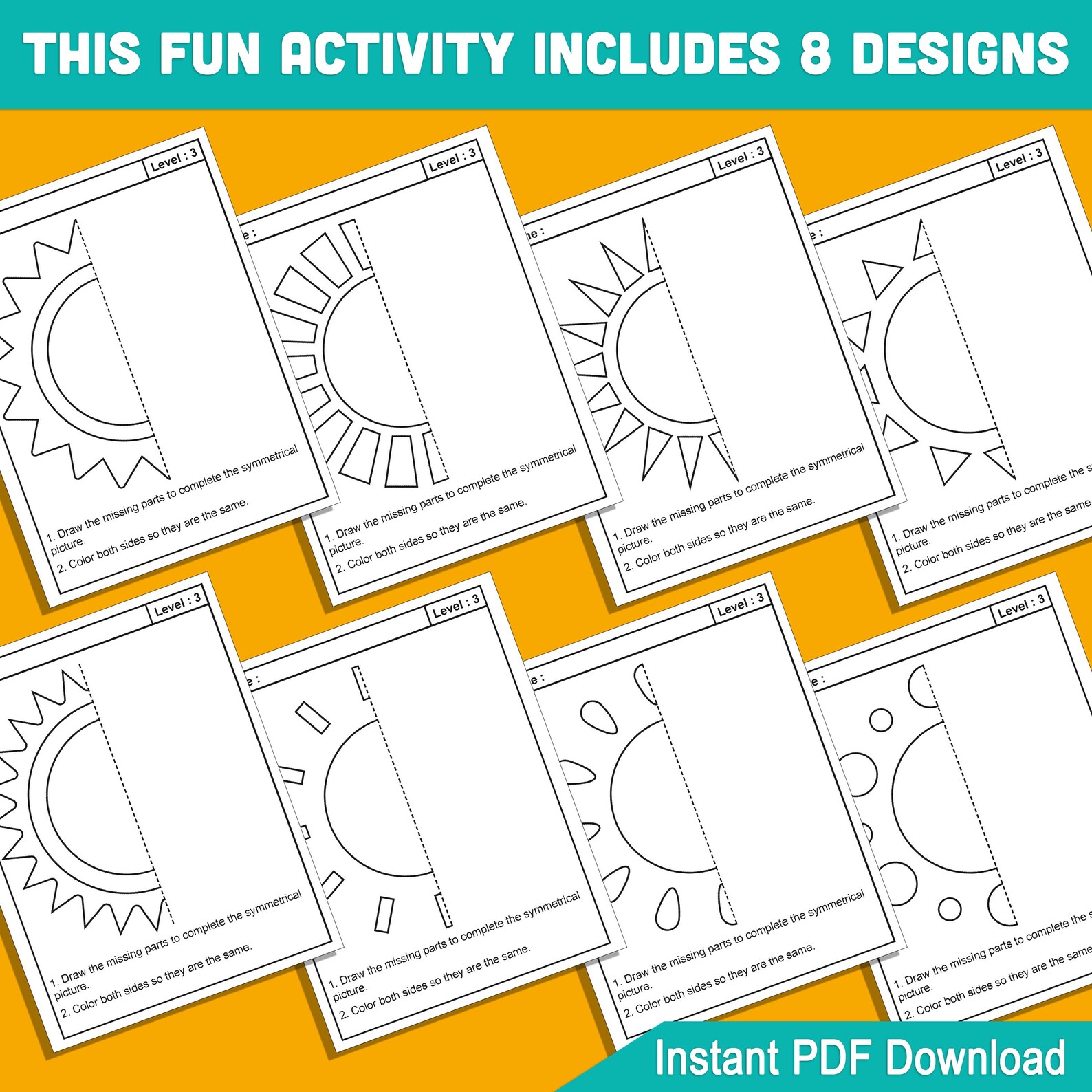 Sun Symmetry Activity: 24 Pages of Lines of Symmetry Worksheets With 8 ...