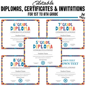 Editable 7th Grade Diplomas, 1st-8th Grade Certificates, and Invitation ...