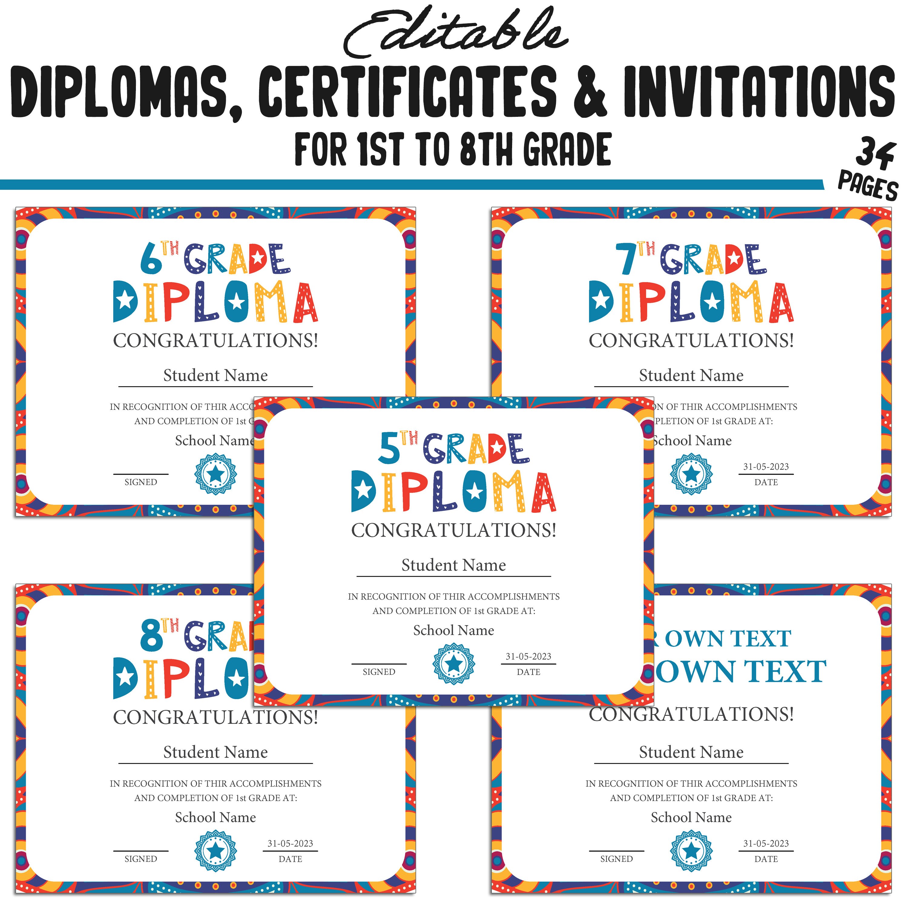 Editable 7th Grade Diplomas, 1st-8th Grade Certificates, and Invitation ...