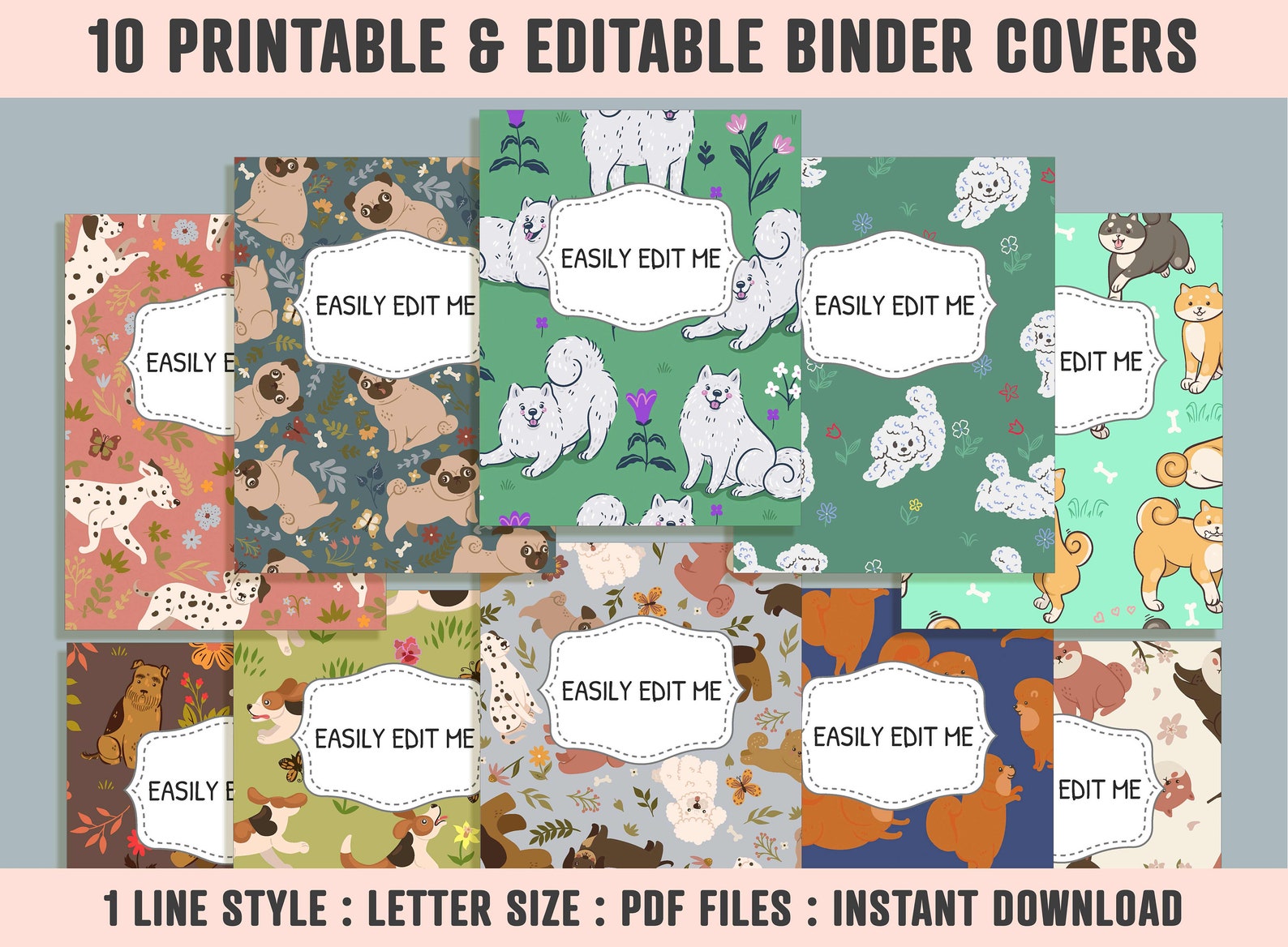 Dogs and Flowers Binder Cover 10 Printable/editable Binder - Etsy