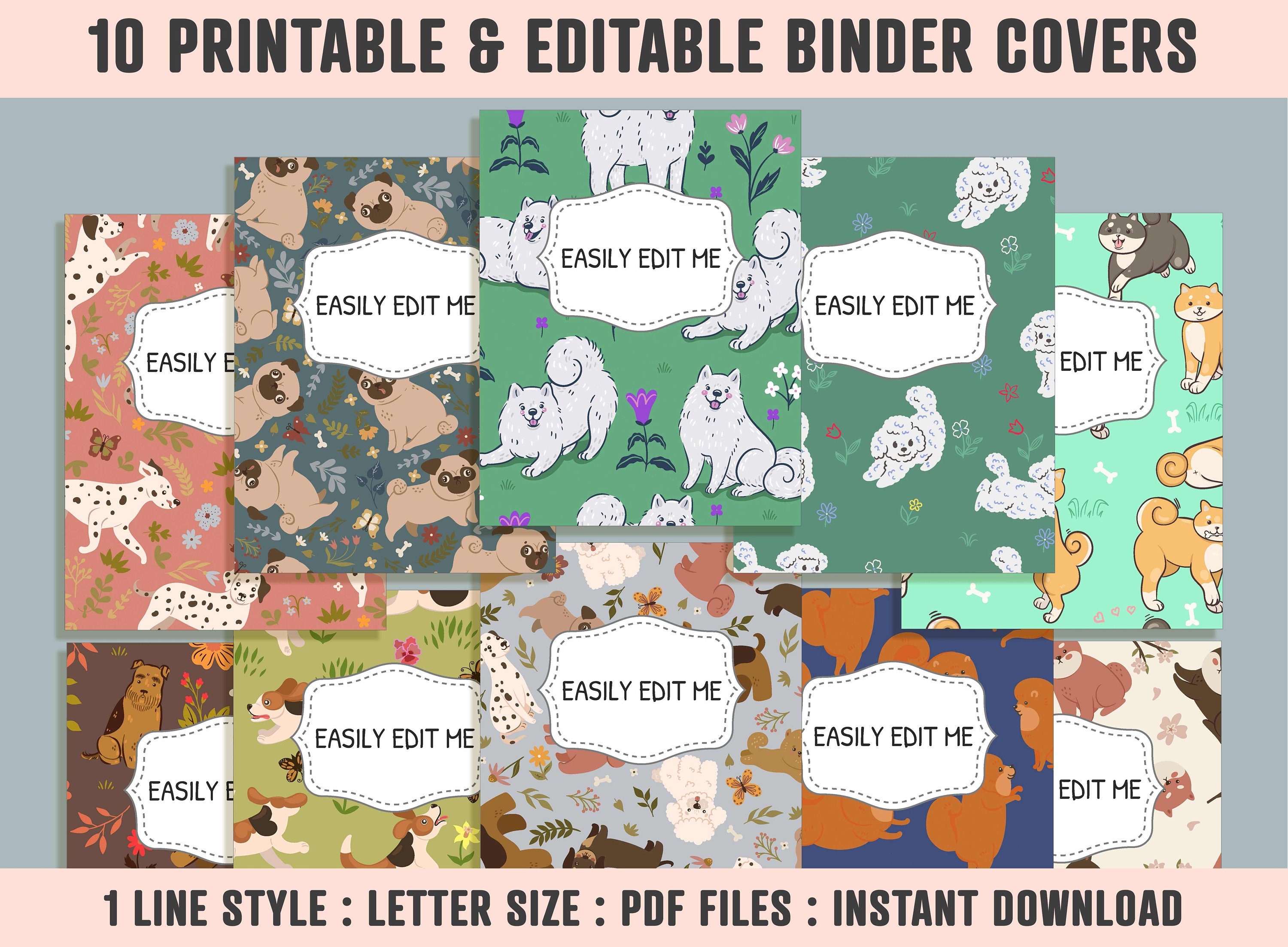 Dogs and Flowers Binder Cover 10 Printable/editable Binder - Etsy