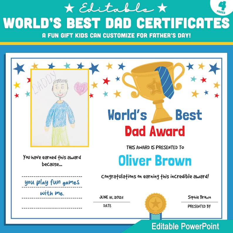 Editable World’s Best Dad Certificates – Pre-colored + Black & White ...