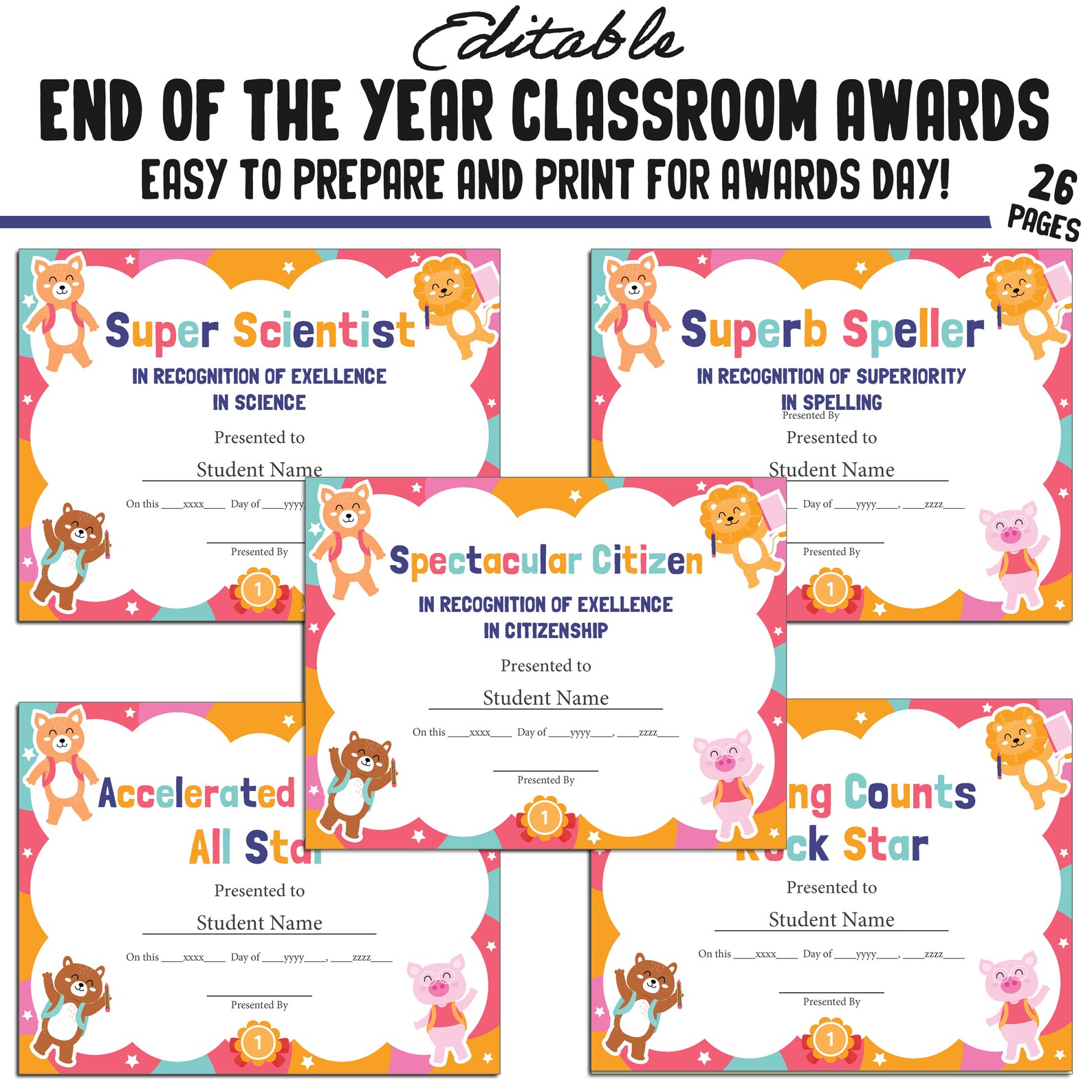 Editable, Creative End-of-year Class Awards for Students, 26 Pages, PDF ...