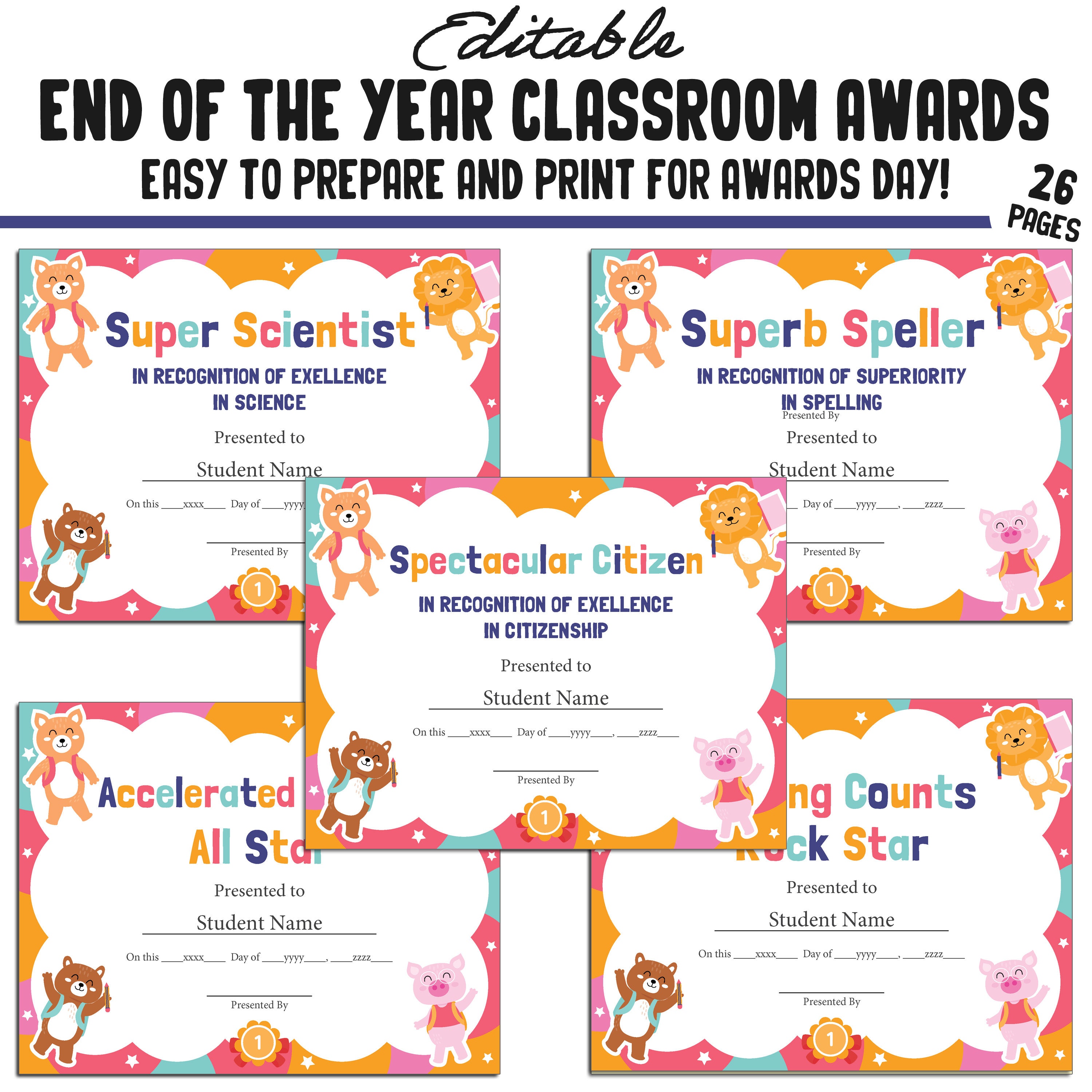 Editable, Creative End-of-year Class Awards for Students, 26 Pages, PDF ...