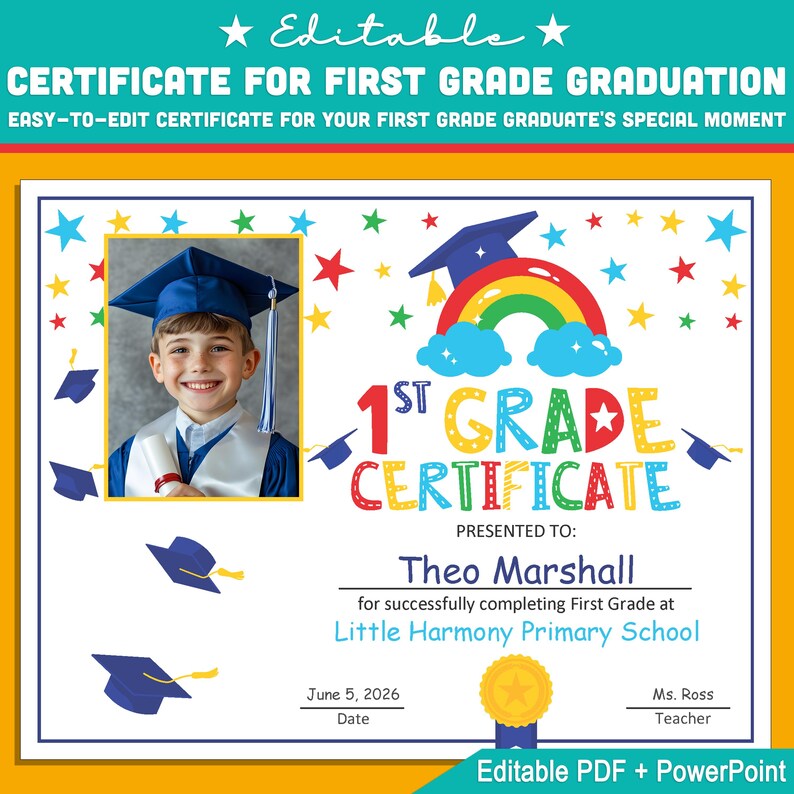 First Grade Certificate Template With Photo: Editable Letter Size PDF ...