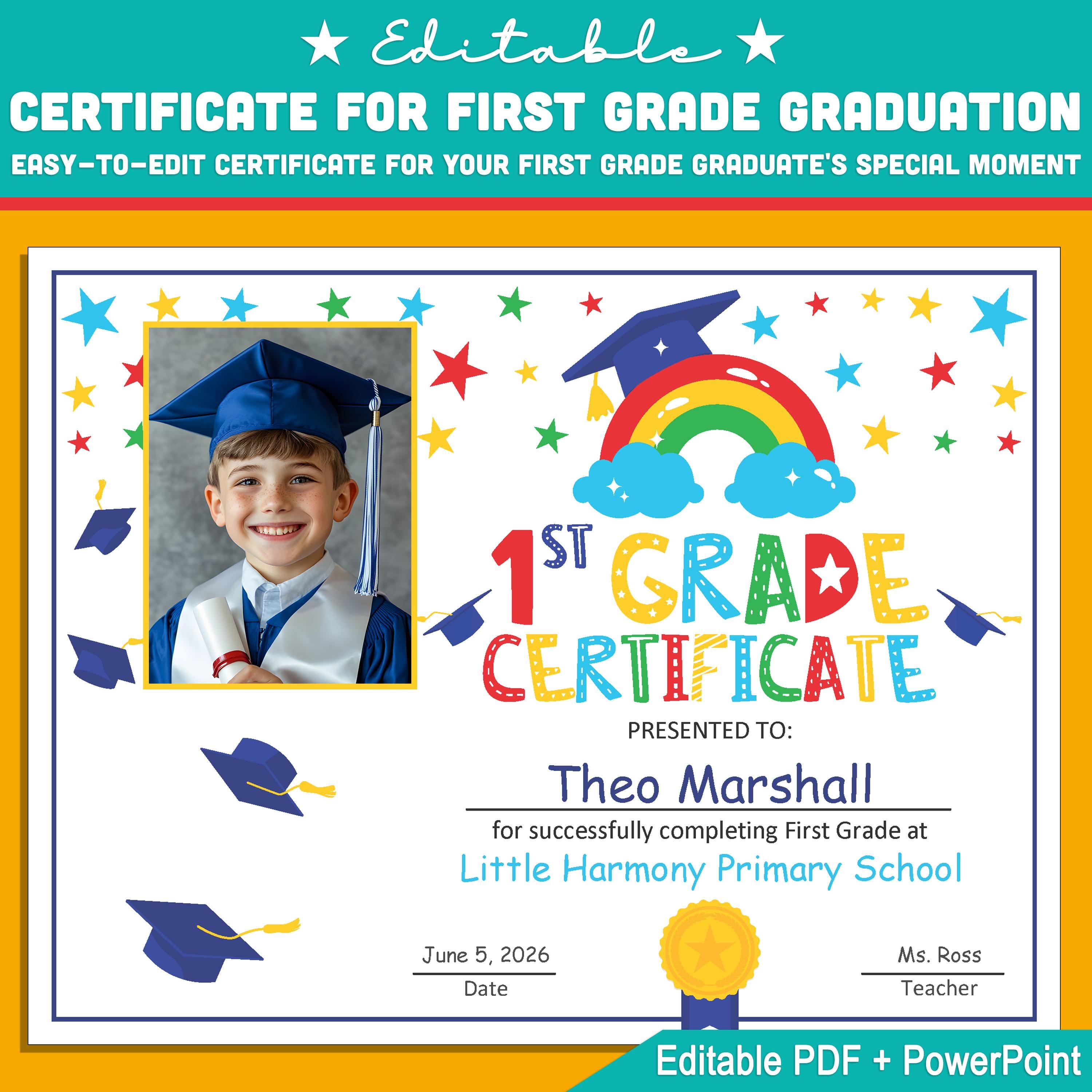 First Grade Certificate Template With Photo: Editable Letter Size PDF ...