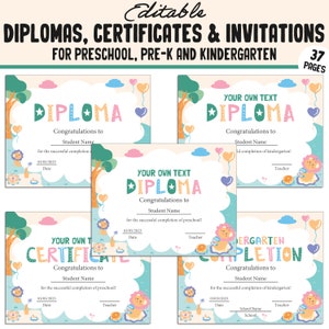 Editable Kindergarten, Prek, Preschool Diplomas, Certificates ...